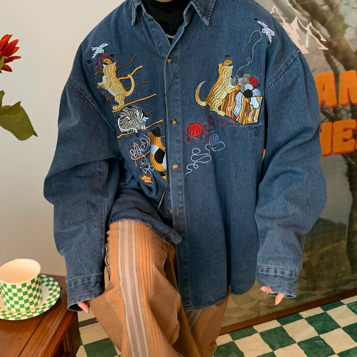 Cat Tower Embroidered Denim Shirt – Ice Cream Cake