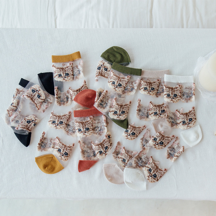 Sheer Embroidered Cat Face Crew Socks (8 Colours) – Ice Cream Cake