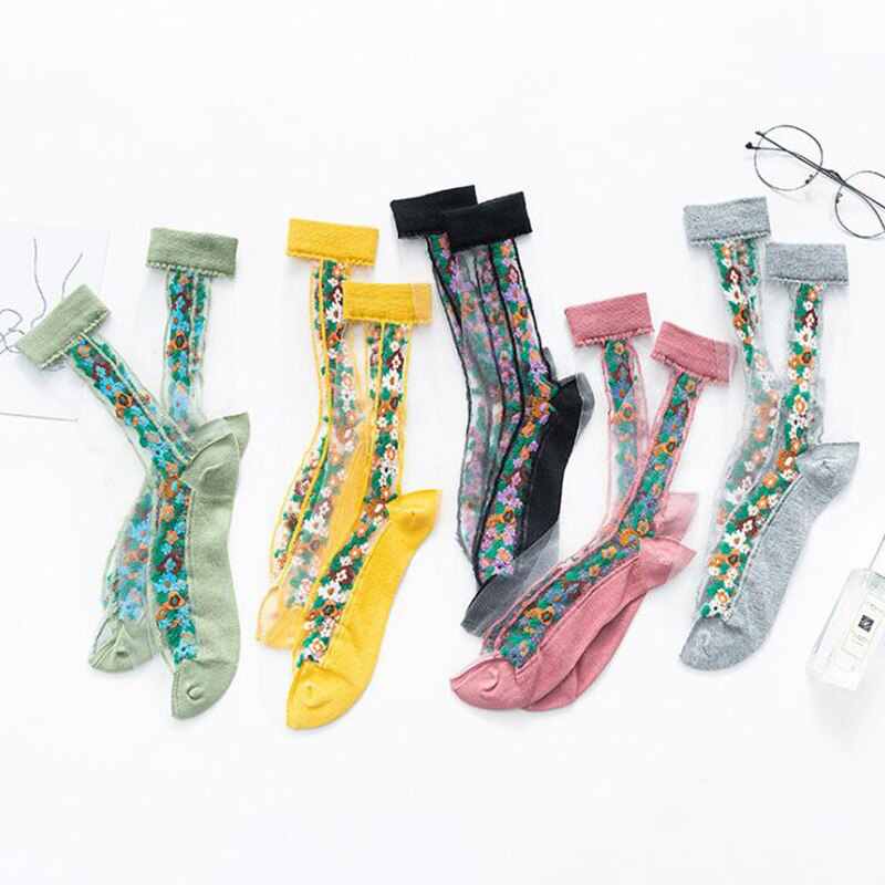 Colourful Transparent Flower Crew Socks (5 Colours) – Ice Cream Cake