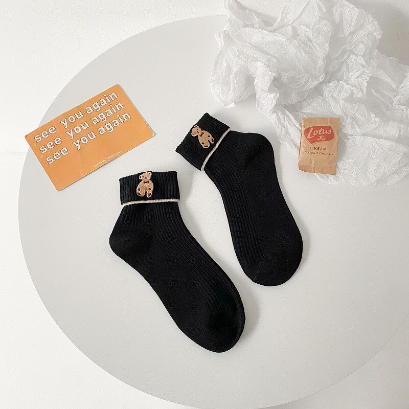 Foldover Teddy Bear Embroidery Crew Socks (6 Colours) – Ice Cream Cake